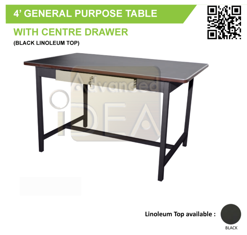 4' General Purpose Table With Centre Drawer - Black Linoleum Top (GV ...
