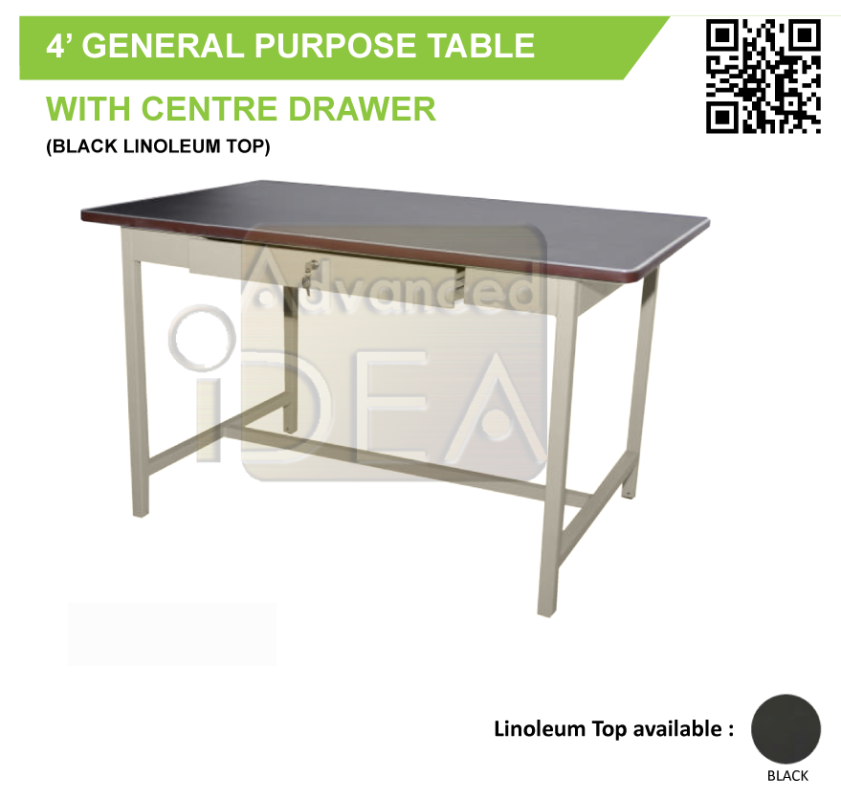 4' General Purpose Table With Centre Drawer - Black Linoleum Top (GV ...
